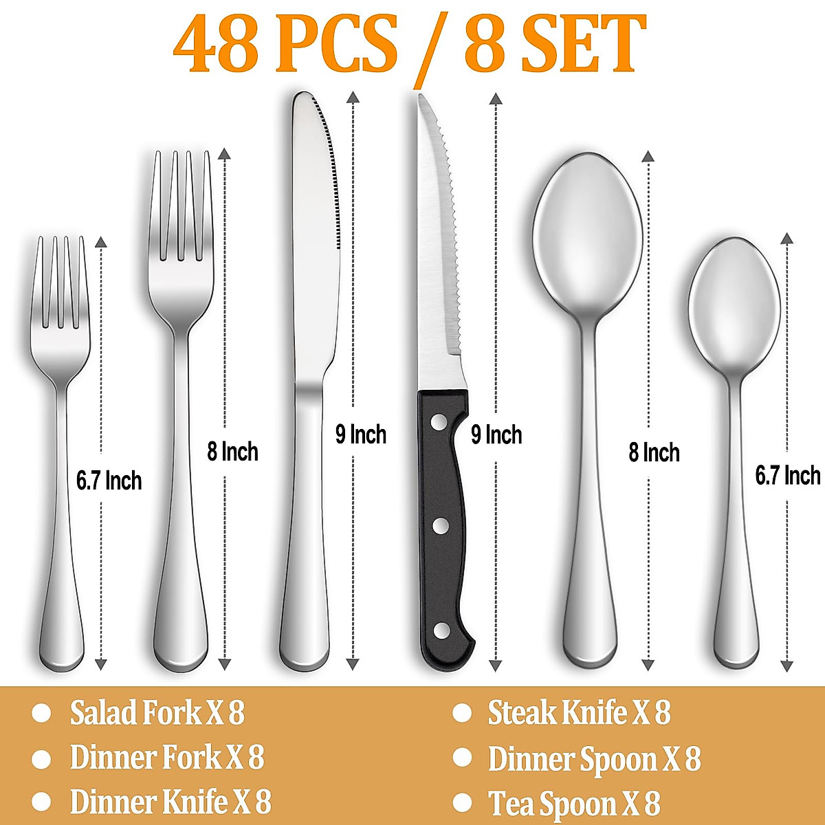 56 Pcs Silverware Set with Steak Knives and Metal Straw for 8,Stainless Steel Flatware Set, Mirror Polished Cutlery Utensil Set, Home Kitchen Eating Tableware Set,Fork Knife Spoon Set,Dishwasher Safe