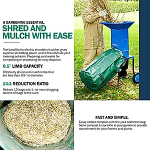 Landworks Leaf Mulcher Shredder Electric Green and Waste Management Heavy Duty 120V AC 11" Inch Cutting Blade .5" Inch Cutting Capacity for Leaves, Grass, & Clippings