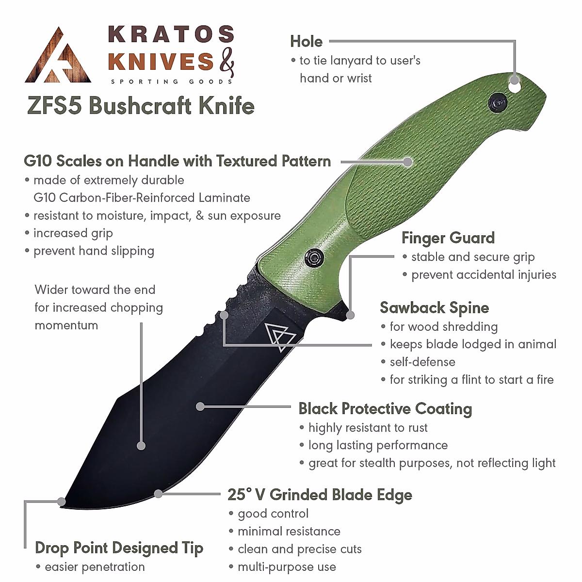 Bushcraft Knife Full Tang with Sheath, 10.2" Fixed Blade Survival Knife with 440C Hardened Stainless Steel, Leather Sheath Included by Kratos - ZFS5