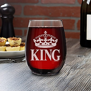 shop4ever Crown King Laser Engraved Stemless Wine Glass 15 oz. Anniversary Wedding Gift for Boyfriend Husband