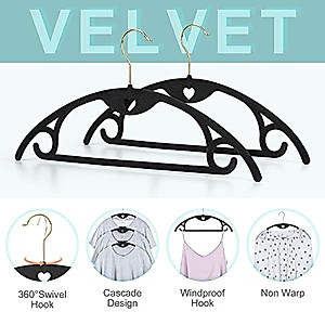 Velvet Clothes Hangers, ESEOE 50 Pack No Shoulder Bumps Suit Hangers with Swivel Hook, Ultra Thin Space Saving, Wide for Coat, Sweaters, Jackets, Shirt, Pants, Dresses (Black with Gold Hook)