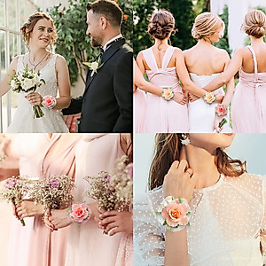 RONRONS 15 Pieces Elastic Pearl Wrist Corsage Bands Wristlets Bracelet Handmade DIY Stretch Wrist Hand Corsages Wristlet for Wedding Bride Bridesmaid Prom Beach Party Daily Wear Accessories (Pink)
