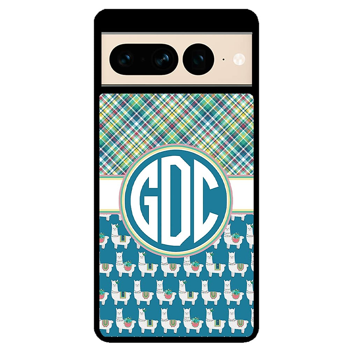 Green Blue and White Plaid Llama Monogram Black Rubber Phone Case Compatible With Google Pixel 8 Pro, 8a, 8, 7a, 7, Pixel 7 Pro, 6a, Pixel 6 Pro, 6, 5, 4a 5G, 4a 4G, 4, 4 XL, 3a, 3a XL, 3