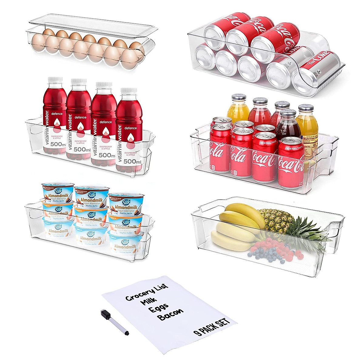 StorageMaid Stackable Storage Fridge Bins - Refrigerator Organizer Bins for Fridge, Freezer, Pantry and Kitchen. Includes Bonus Magnetic Dry-Erase Whiteboard & Markers Set (9-Piece Set)