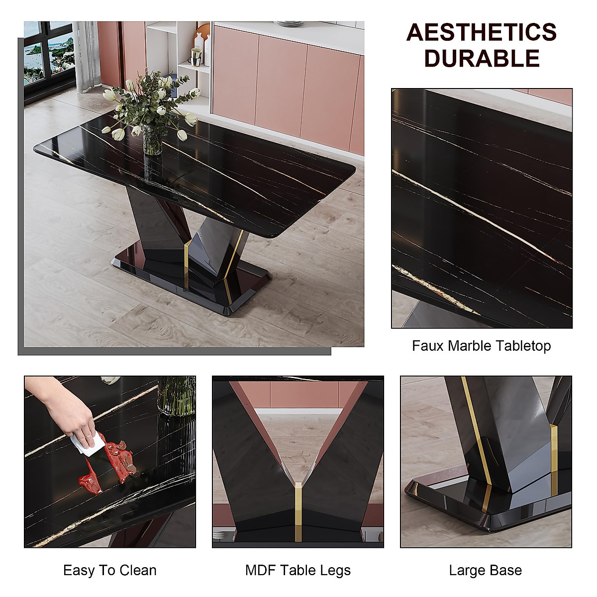 WEKEOT 7 Pieces Modern Dining Table Set 63" Faux Marble Dining Room Table with 6 PU Leather Chair Black Dining Table Set Rectangle Dinner Table Set for Kitchen, Restaurant