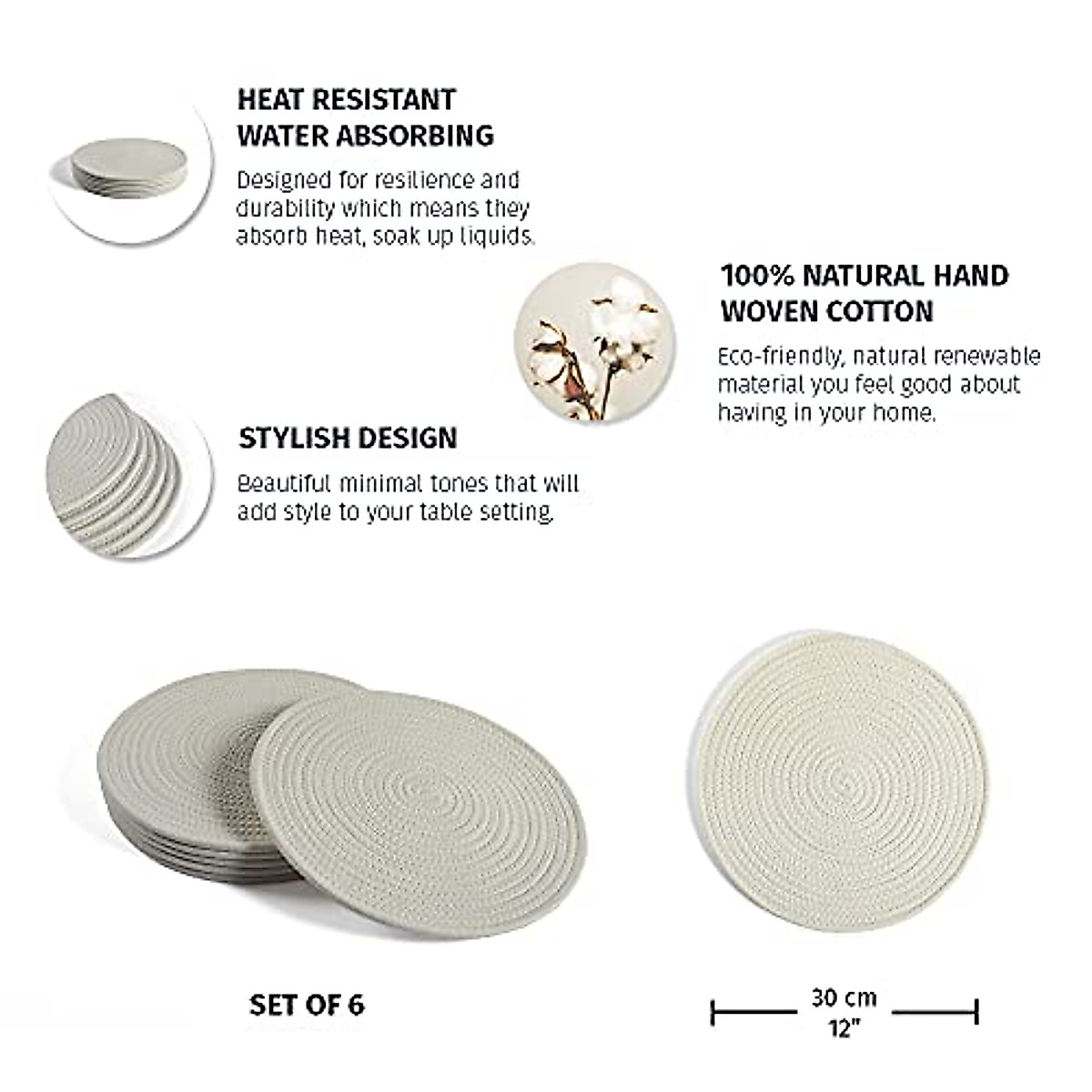 OrganiHaus White Farmhouse Placemats, Set of 6 Round Woven Placemats, Heat Resistant Circle Cotton Placemats, Rustic Outdoor Placemats for Patio Table, Washable Round Placemats for Dining Table