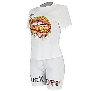 Esuo Women's 2 Piece T-Shirt Shorts Set Short Sleeve Casual Joggers Casual Sportswear Clubwear Hollow out White L