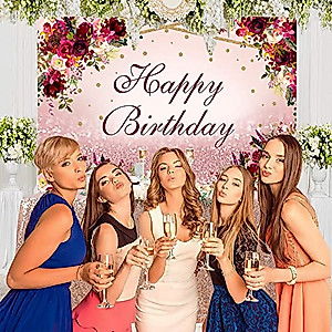 InMemory Burgundy Flower Happy Birthday Backdrop Rose Gold Glitter Birthday Photography Background Rustic Floral Backdrops for Women Lady Girls Bday Party Decorations Banner Photo Booth Supplies 5x3ft