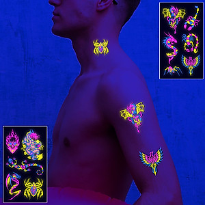 Neon Temporary Tattoos Glow In The UV Neon Tattoos Stickers 61 Glitter Styles Dragon Scorpion Spider Cool Fake Waterproof Tattoos for Men Women Party Decoration