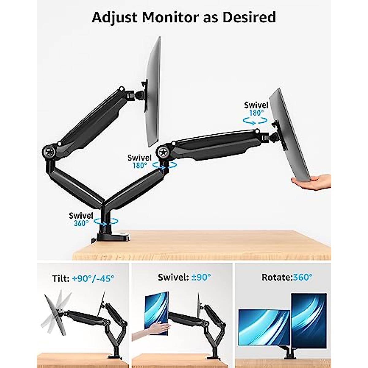 MOUNTUP Ultrawide Dual Monitor Arm for Max 35 Inch Screen, Support 4.4-30.9 lbs Heavy Duty Monitor Desk Mount, Gas Spring Computer Monitor Stand Holder, VESA Bracket with Clamp/Grommet Base, Black