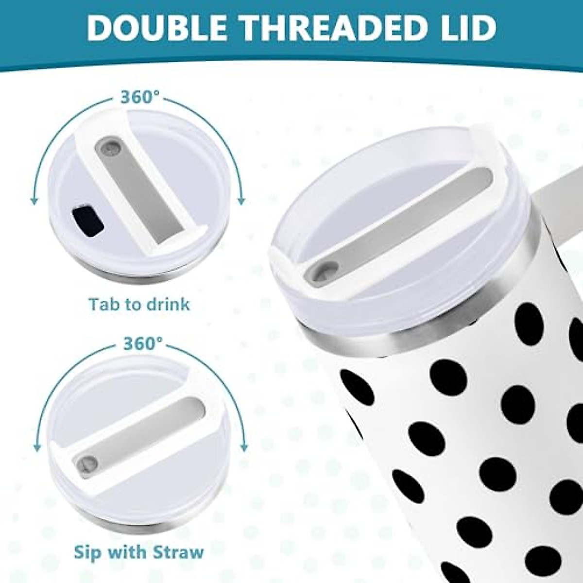 Black White Polka Dot Print Tumbler with Handle and Straw Lid, 40 oz Insulated Coffee Cup Stainless Steel Water Bottle Travel Mug Cupholder Friendly,Gifts for Women Men