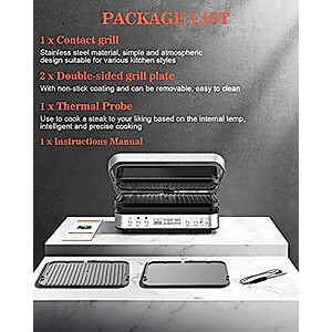 5 in 1 Indoor Grill, Panini Press Grill Sandwich Maker, CATTLEMAN CUISINE Electric Contact Grill and Griddle with Removable Nonstick Grill Plates, Smart Probe, LCD Display, Stainless Steel, 1600W