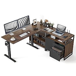 FEZIBO 66 Inch Executive L Shaped Standing Desk with 2-Drawer File Cabinet, Electric Height Adjustable Stand up Desk, Home Office Modern Wood Computer Desk with Shelves, Black Frame/Black Walnut Top