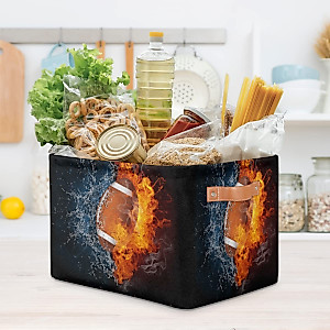 Fire Ice Football Foldable Storage Bin, Fire Water Sport Ball Fabric Storage Baskets Collapsible Decorative Baskets Organizing Basket Bin with Handles for Home Office, 2PACK