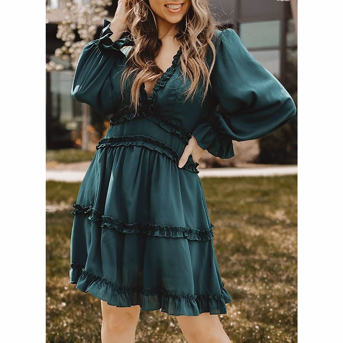 Dokotoo Womens Ladies Cute Summer Casual Summer Sexy Deep V Neck Ruffle Chiffon Lantern Long Sleeve Elegant Boho Hawaiian Flowy Mini Short Skirt Dresses for Women Party 2024 Green Large