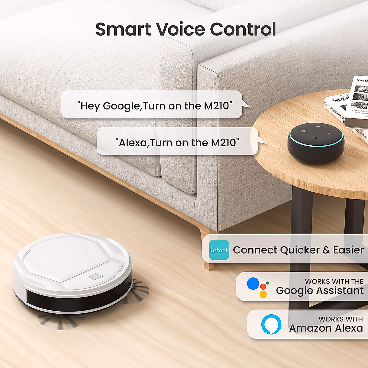 Lefant Robot Vacuum Cleaner, Tangle-Free, Strong Suction, Slim, Low Noise, Automatic Self-Charging, Wi-Fi/App/Alexa Control, Ideal for Pet Hair Hard Floor and Daily Cleaning, M210 White