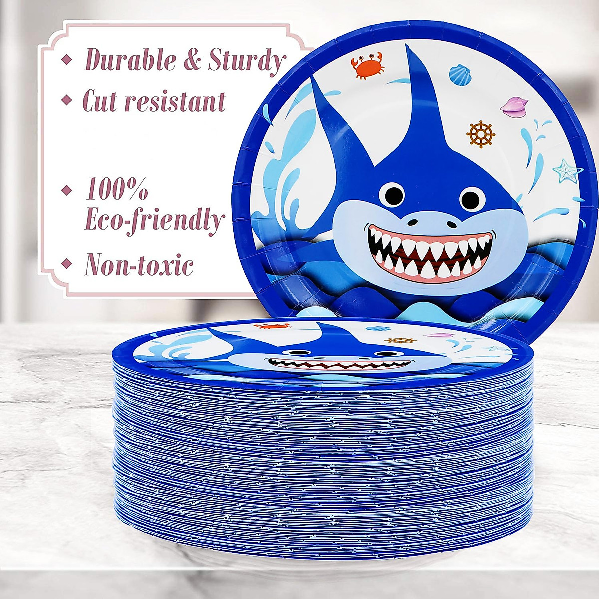 40Pcs Shark Party Supplies Blue Ocean Shark Paper Plates Blue Ocean Tableware Set 7"Ocean Animal Shark Dessert Plates for Under the Sea Themed Boy Baby Shower Blue Ocean Shark Party Decoration(Shark)