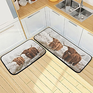 JUNZAN Scottish Highland Cow Kitchen Rugs and Mats Set of 2 Non Slip Anti Fatigue Runner Rug for Farmhouse Laundryroom Bathroom Home Western Decor Floor Mat