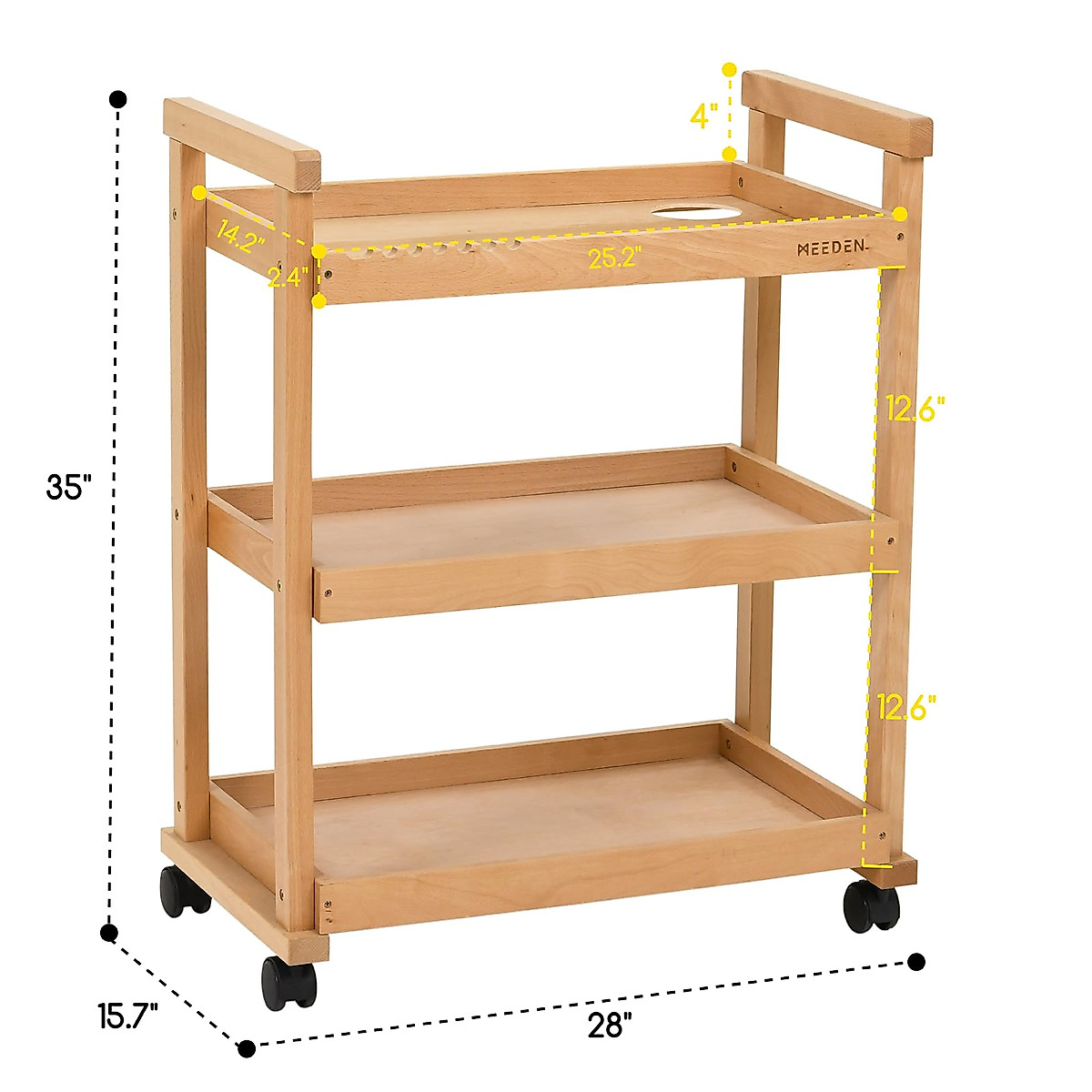 MEEDEN Art Supplies Cart, Walnut 3-Tier Multifunctional Art Storage Cart Organizer, Solid Beech Wood Studio Cart Art Taboret with Caster Wheels, Rolling Utility Cart Organizer for Artist