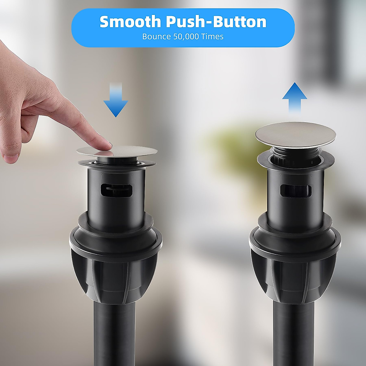 Hibbent 2 Pack Push and Seal Pop Up Drain Stopper with Overflow for Bathroom Sink Faucet Vessel Vanity, Brushed Nickel