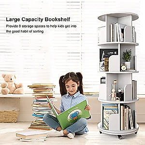 Nidouillet Rotating Bookshelf, 4 Tier Revolving Bookcase with Brake Wheels 360° Display Round Bookshelf Narrow Swivel Corner Book Shelf Standing Bookcase for Adult Bedroom, Living Room - White
