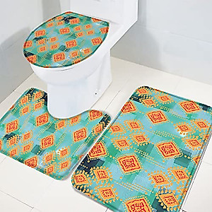 Bath Rugs for Bathroom Set 3 Piece Abstract Diamond Polka Dot on Green Gradient Non-Slip Washable Memory Foam Absorbent Bath Mat Rugs for Tub Shower,U-Shaped Toilet Floor Mats,Toilet Lid Cover