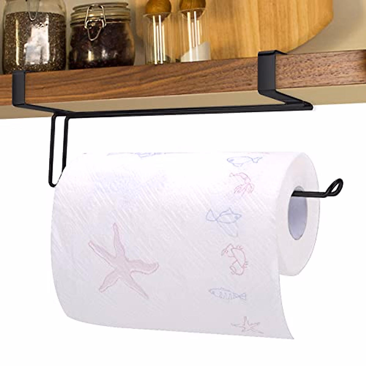 Luxsego Paper Towel Rack Under Cabinets, 1.4" Hanging & No Drilling Paper Towel Hanger for Kitchen Cabinets Bathroom, Stainless Steel, Double Support (Black)