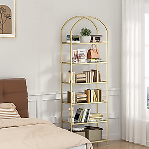 Homhedy 6-Tier Bookshelf Arched Display Racks, Metal Bookcase, Tempered Glass Shelves, Storage Rack Shelf for Home Office, Living Room, Bedroom, Bathroom, Modern Style, Golden