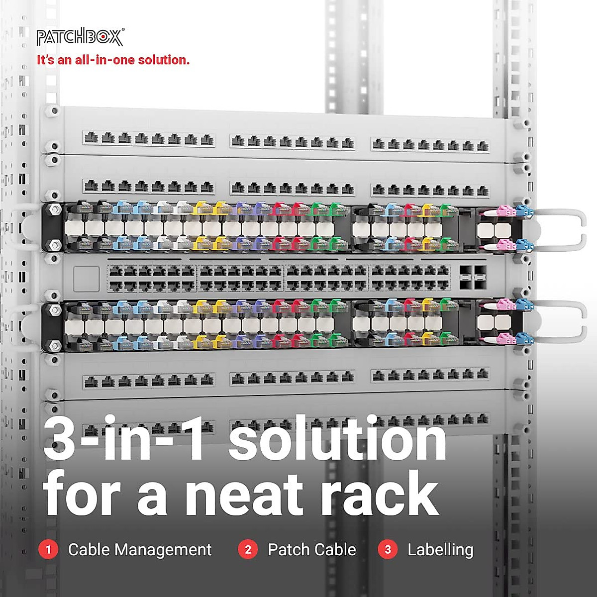 PATCHBOX® Plus+ Cat.6a - 24-Port Patch Panel with Retractable Cable Management System for 19” Racks, Includes Flat 10GB Cables and Cassettes, Easy Network and Server Setup (UTP, Blue, 1.8m / 8RU)