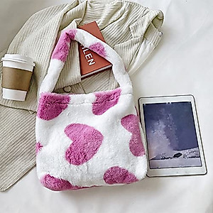 QWDLID Plush Tote Bags Fluffy Pink Hearts Pattern Print Shoulder Satchel Fashion Faux Fur Handbag Women Plush Shoulder Bag Crossbody Handbags Casual Soft Crossbody Purse for Shopping Traveling