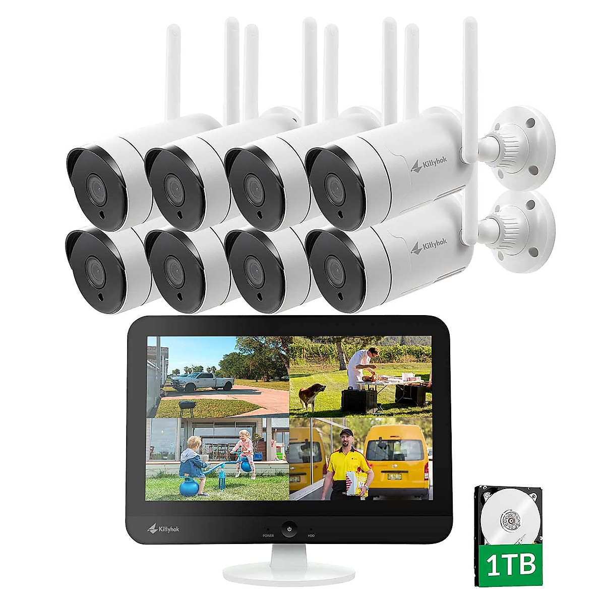 Kittyhok 2K All-in-one Wireless Security Camera System with 12'' Monitor, 8pcs WiFi Security Cameras for Home Security, 1TB HDD, 2-Way Audio, Remote Access, Motion Detection, Waterproof, Night Vision