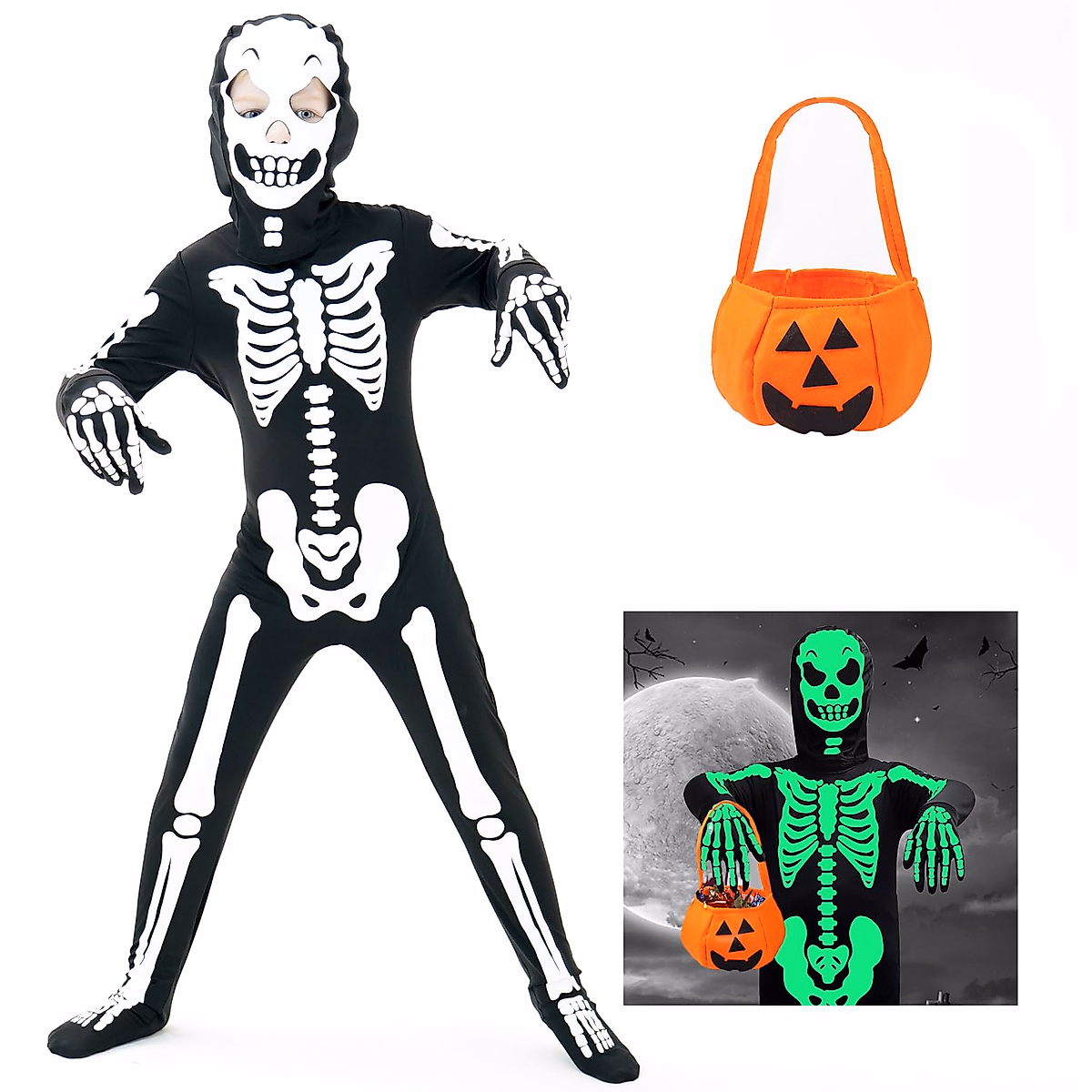 FAYBOX Skeleton Costume Glow in The Dark for Kids Toddler, Halloween Fortnite Onesie for Boy Girls with Pumpkin Candy Bag(10-12)