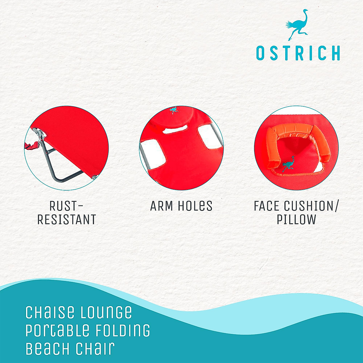Ostrich Chaise Lounge Beach Chair for Adults with Face Hole - Versatile, Folding Lounger for Outside Pool, Sunbathing and Reading on Stomach - Deluxe, Foldable Laying Out Chair for Tanning (Red)