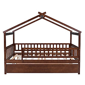 DHHU Daybed with Trundle, Full Size Wooden House Bed with Twin Size Trundle Bed, Wood Bed Frame with Roof and Safety Guardrail for Kids, Teens, Boys or Girls, No Box Spring Required