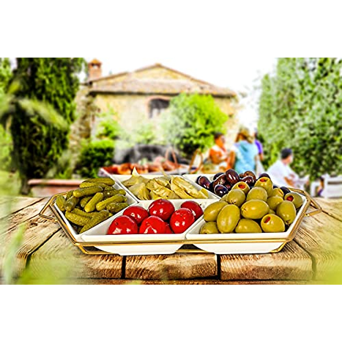 MK Crew Appetizer Serving Tray with Handles - Party Platter for Fruit, Condiments, Cheese, Veggies and Snacks White & Gold Durable Ceramic Dinnerware Set Best Gift Mom / Wife,