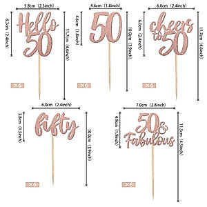 30PCS 50th Birthday Cupcake Toppers Glitter Fifty Hello 50 Cupcake Picks Cheers to 50 Fabulous Cake Decoration for Happy 50th Birthday Wedding Anniversary Party Decorations Supplies Rose Gold