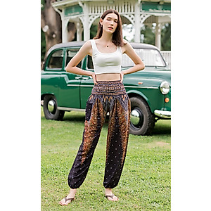 Banjamath® Women's Smocked Waist Harem Hippie Boho Yoga Palazzo Casual Pants (XL,Peacock Black)