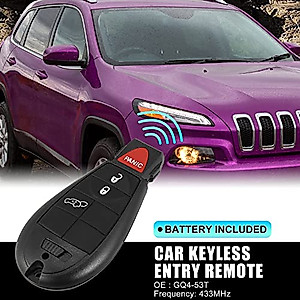 X AUTOHAUX Replacement Keyless Entry Remote Car Key Fob GQ4-53T 433Mhz for Jeep Cherokee 2014-2019 4 Buttons with Door Key