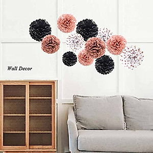 ANSOMO Rose Gold and Black Tissue Paper Pom Poms Party Decorations Flowers Pink Wall Hanging Décor Supplies Birthday Bridal Baby Shower Wedding Graduation
