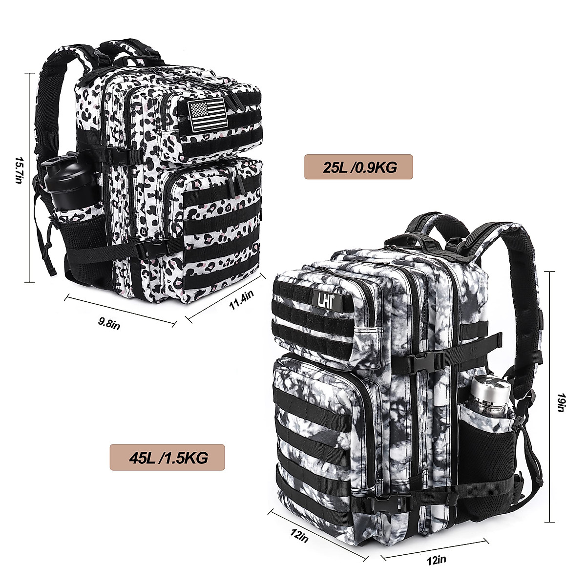 LHI Tactical Military Backpack for Men and Women 25L Army Assault Pack Bag Large Rucksack with Molle System - Leopard