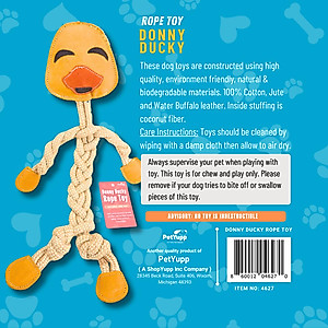 PetYupp Natural Cotton & Jute with Genuine Leather Rope Dog Chew Toy - 16" Long - Interactive Dog Toy for Teething Puppies, Small, & Medium Size Dogs, Promote Dental Health (Donny Ducky)