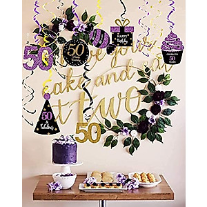Qian's Party 50th Birthday Decorations for Women Purple Gold Black Purple Gold Foil Hanging Swirls 50th Birthday Party Decor – Women Purple 50th Birthday Party Decorations