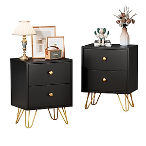 Tradare Black Nightstand Set of 2, Black and Gold Night Stand with 2 Drawers, Modern End Table with Metal Legs and Gold Handles, Bedside Table for Bedroom, Hallway