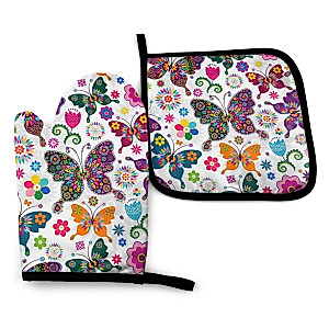 Colorful Butterflies and Flowers Oven Mitts Pot Holders Set, Heat Resistant Kitchen Waterproof with Inner Cotton Layer for Cooking BBQ Baking