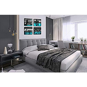 JiazuGo Wall Decorations Chicago Boston Los Angeles Brooklyn Bridge Skyline Canvas Art Black White USA New York City Pictures Teal Turquoise Lake Water Building Cityscape Home Living Room Office