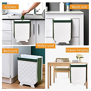 HUAPPNIO Hanging Trash Can for Kitchen Cabinet Door Wall Mounted Foldable Plastic Garbage Bin 2.6 Gallon Green