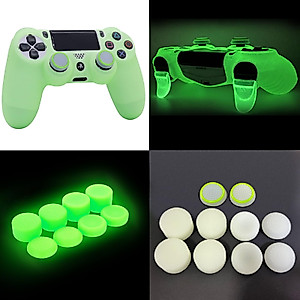 HLRAO Green Anti-Slip Glow in The Dark Protective Silicone Cover Skin Grips Compatible with PS4/Slim/Pro Controller with 8 PCS Thumb Grips Caps and 2 Grips Caps Glow in The Dark.