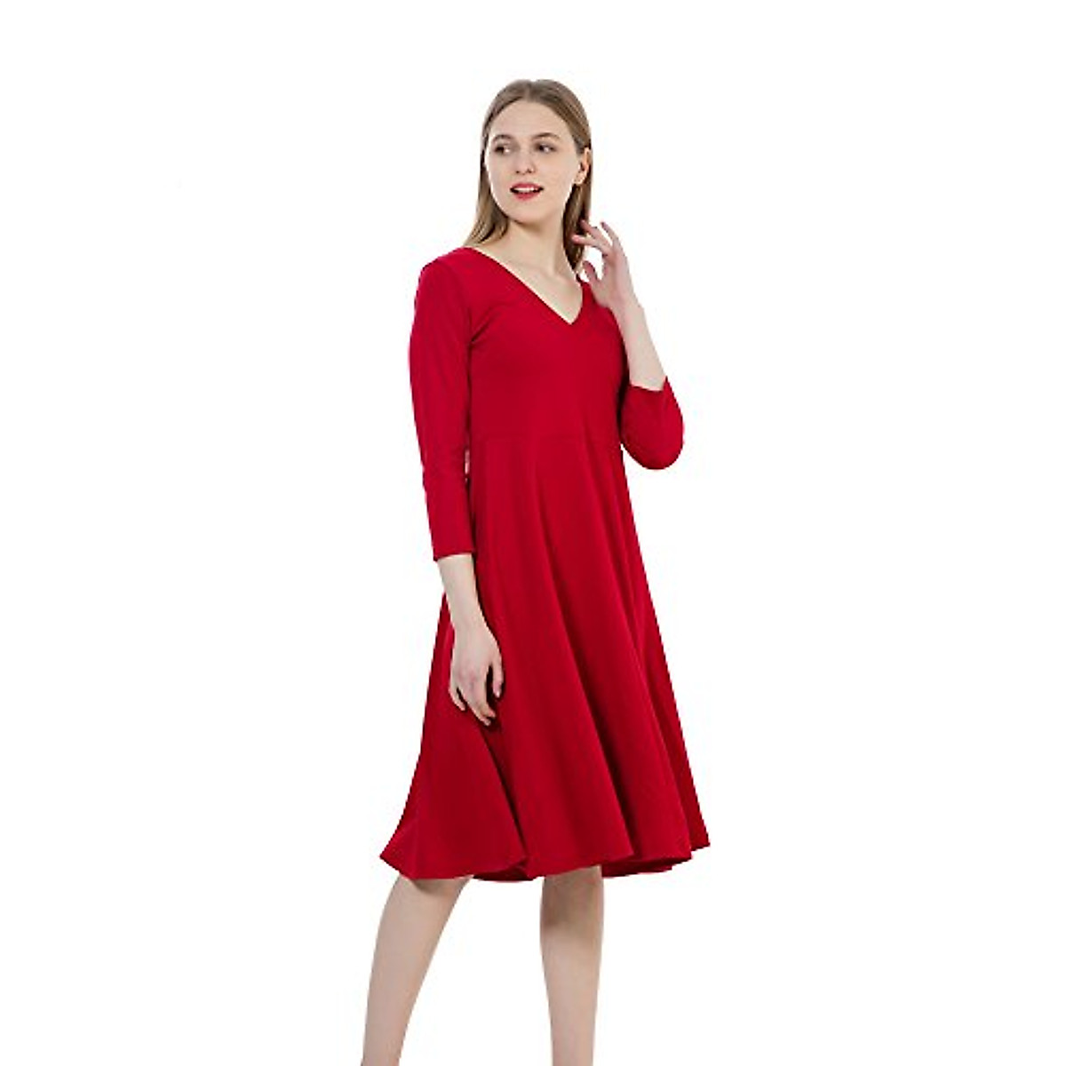 DANTIYA Women's 3/4 Sleeve Work Office Business V-Neck A-Line Knee Long Sheath Midi Dress Red
