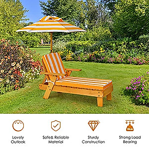 Costzon Kids Chaise Lounge, Wood Patio Chair w/Cushion & Umbrella, Detachable & Height Adjustable, Recliner for Beach Lawn Outdoor, Children Furniture Gift for Boy Girl 3-8 Year Old, Kids Beach Chair