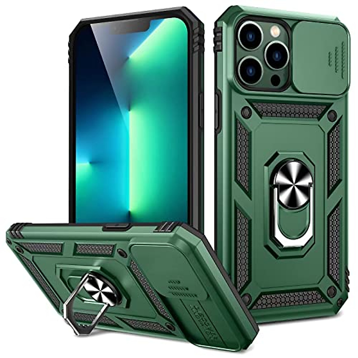 Fewdew for iPhone 13 Pro Max Stand Case with Slide Camera Cover & Kickstand, Military Grade Shockproof Heavy Duty Protective Cover Case for iPhone 13 Pro Max 6.7 inch 2021 Alpine Green